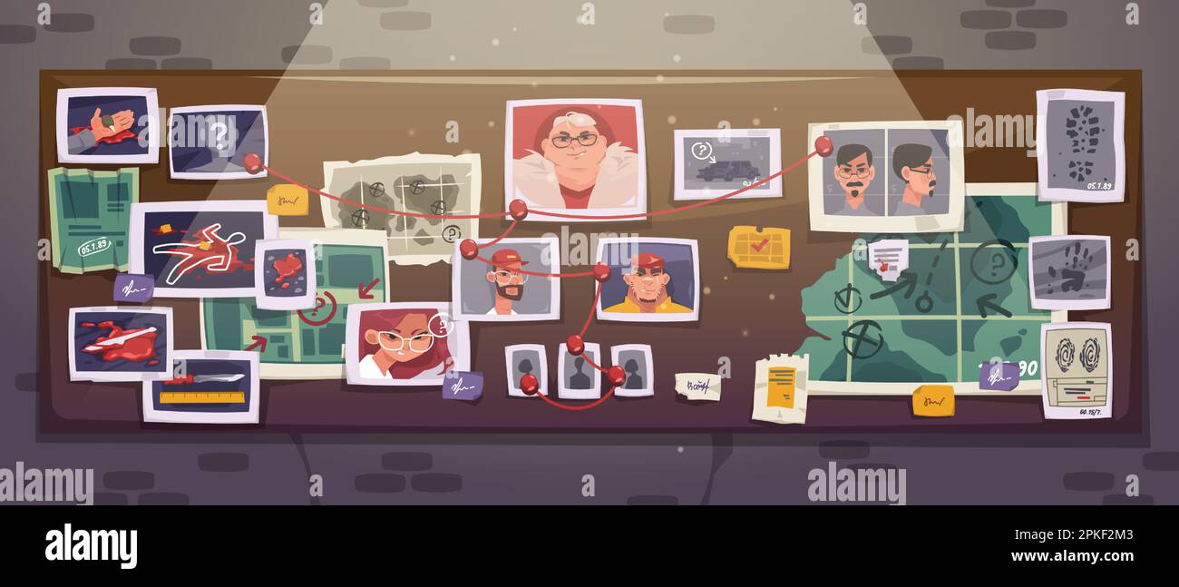 Cartoon detective board. Police cork pinboard with evidence victim ...