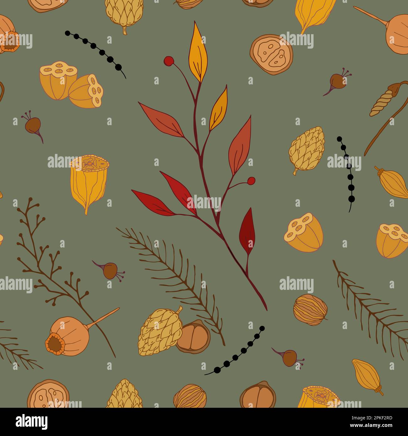 Autumn berries seamless pattern on pale green background. Hand drawn ...