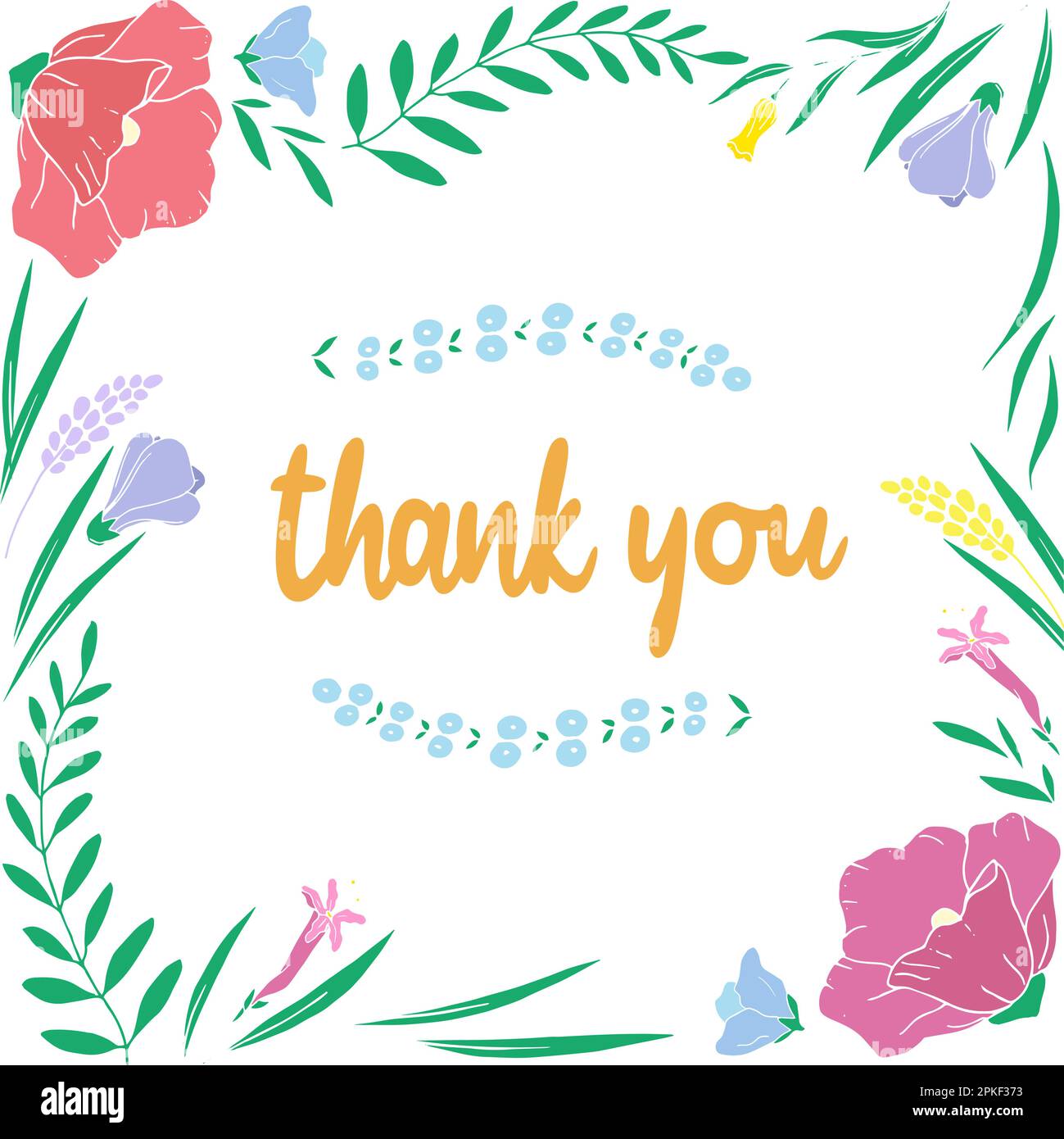 Thank you greeting card of hand drawn bright flowers and leaves on ...