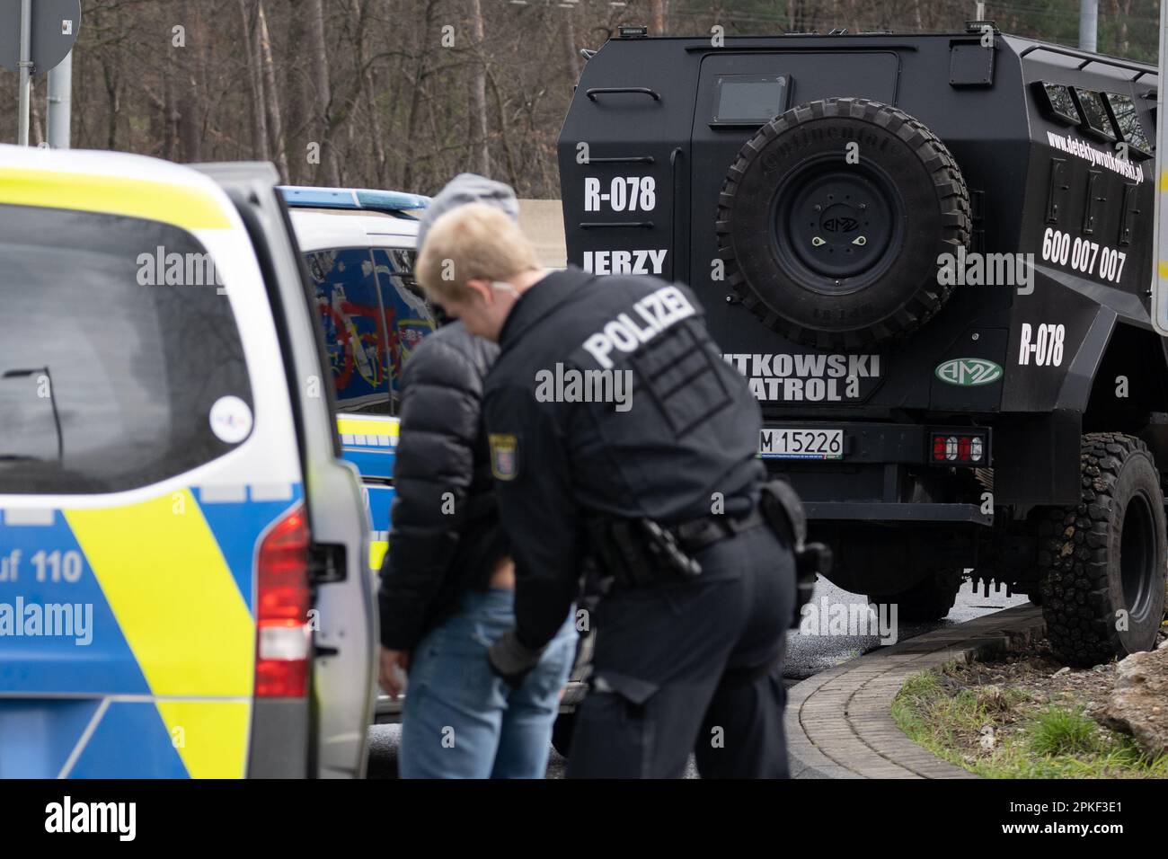 07 April 2023, Hesse, Weiterstadt: An armored car of the security ...