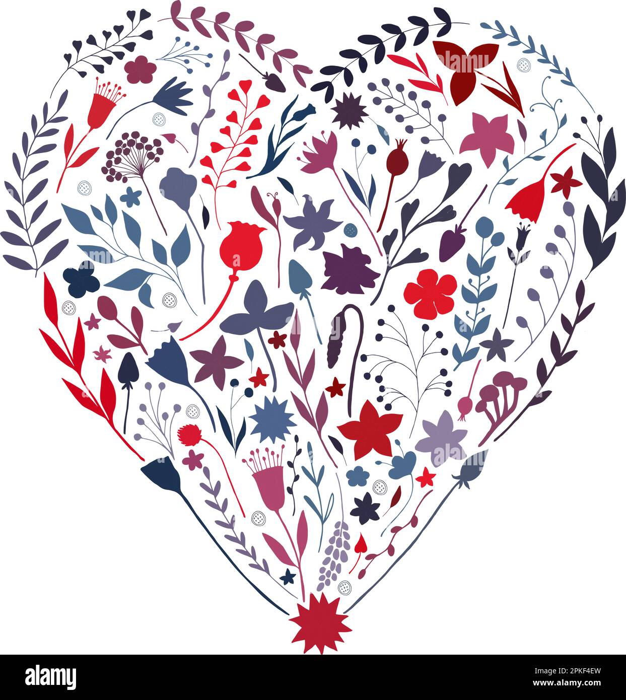 Hand drawn floral elements in heart shape. Pastel and red colors on ...