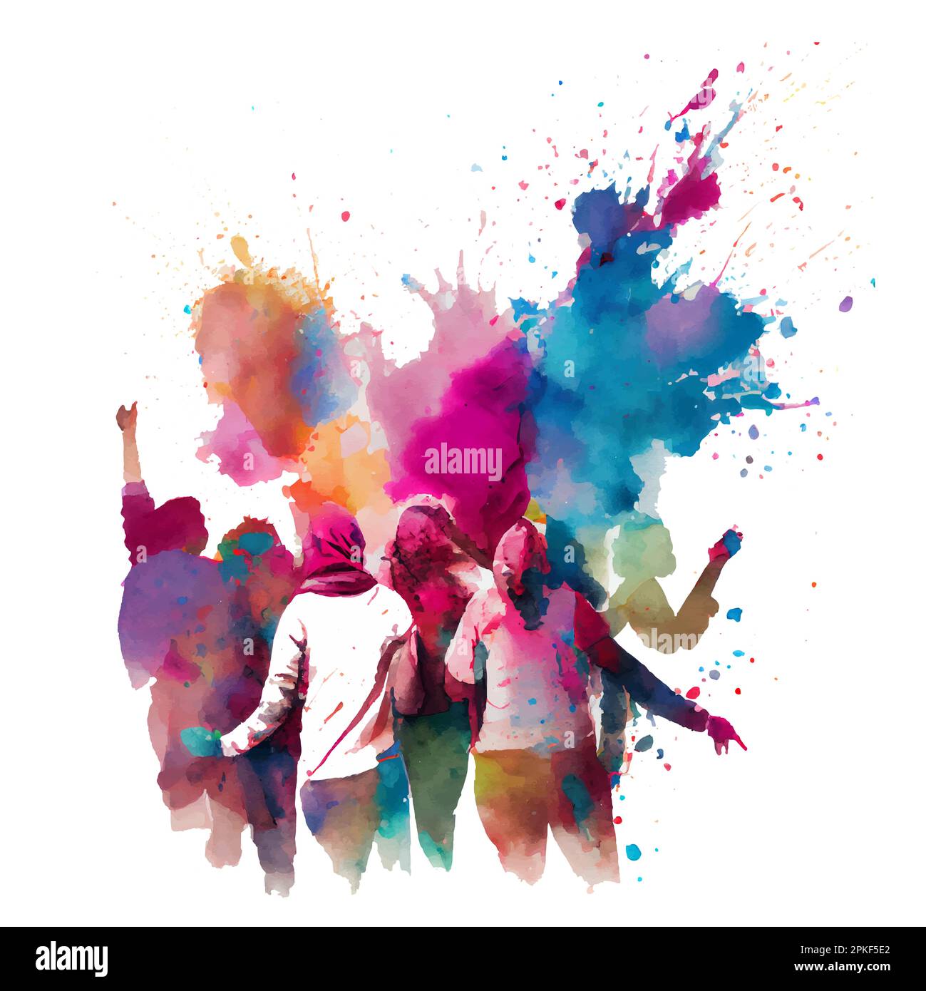 vector watercolor illustration of happy people dancing on holi dust in ...