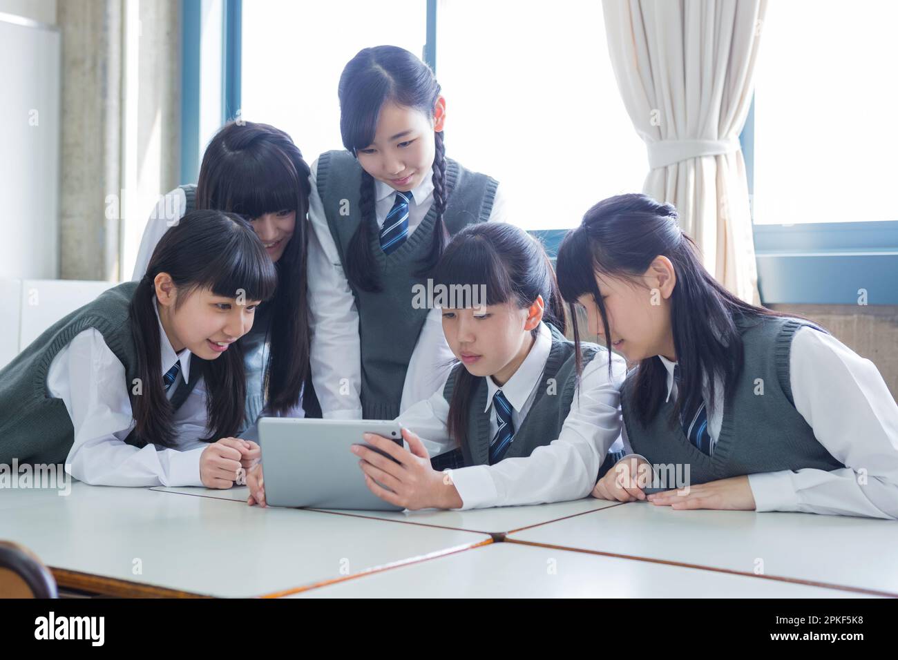 Junior high school girls doing group work Stock Photo - Alamy