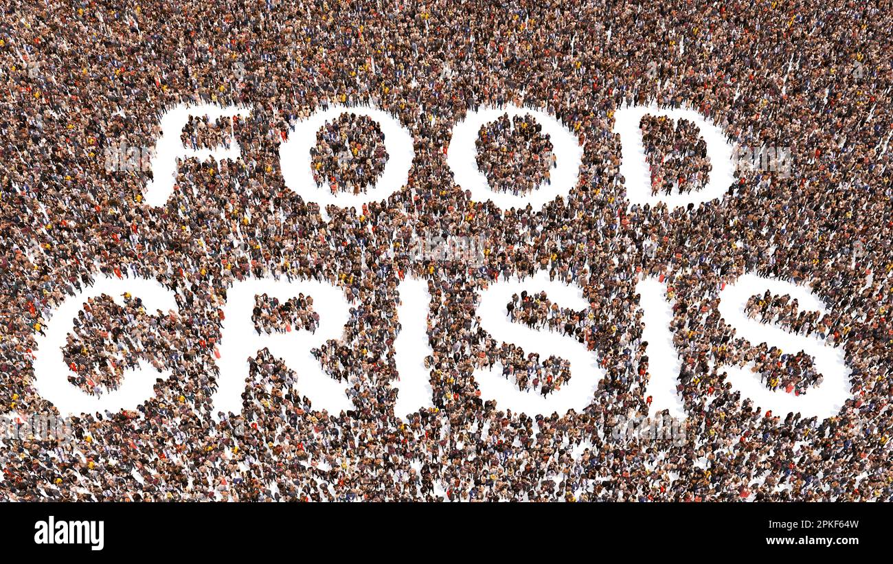 Concept or conceptual large community of people forming the FOOD CRISIS ...