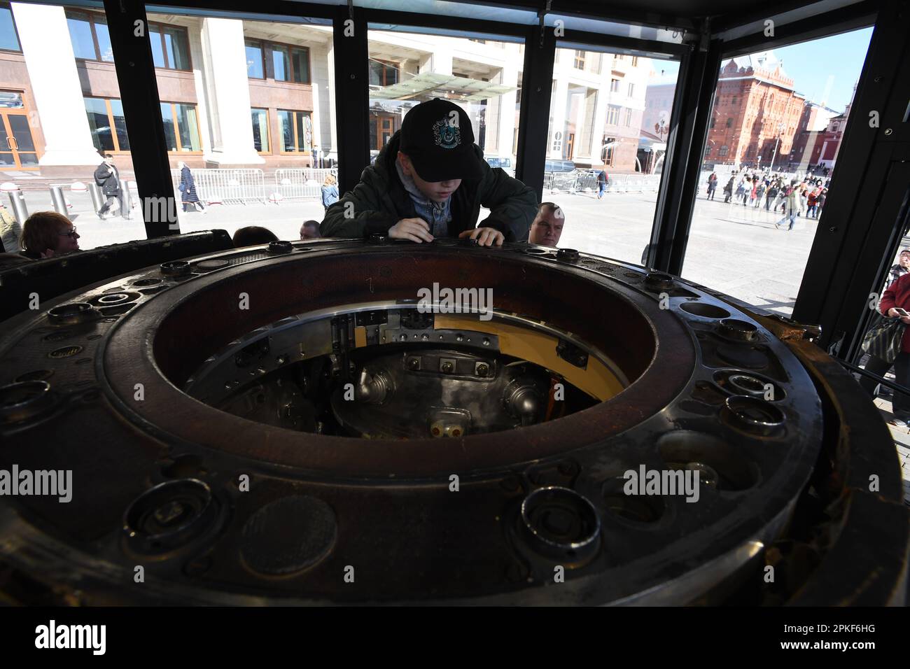 ' Moscow. A boy looks at the Soyuz MS-18 descent vehicle Stock Photo ...