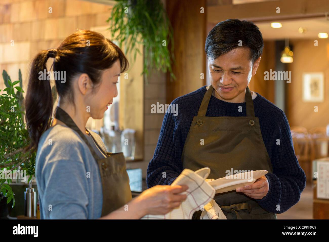 Couple wiping dishes at counter Stock Photo - Alamy