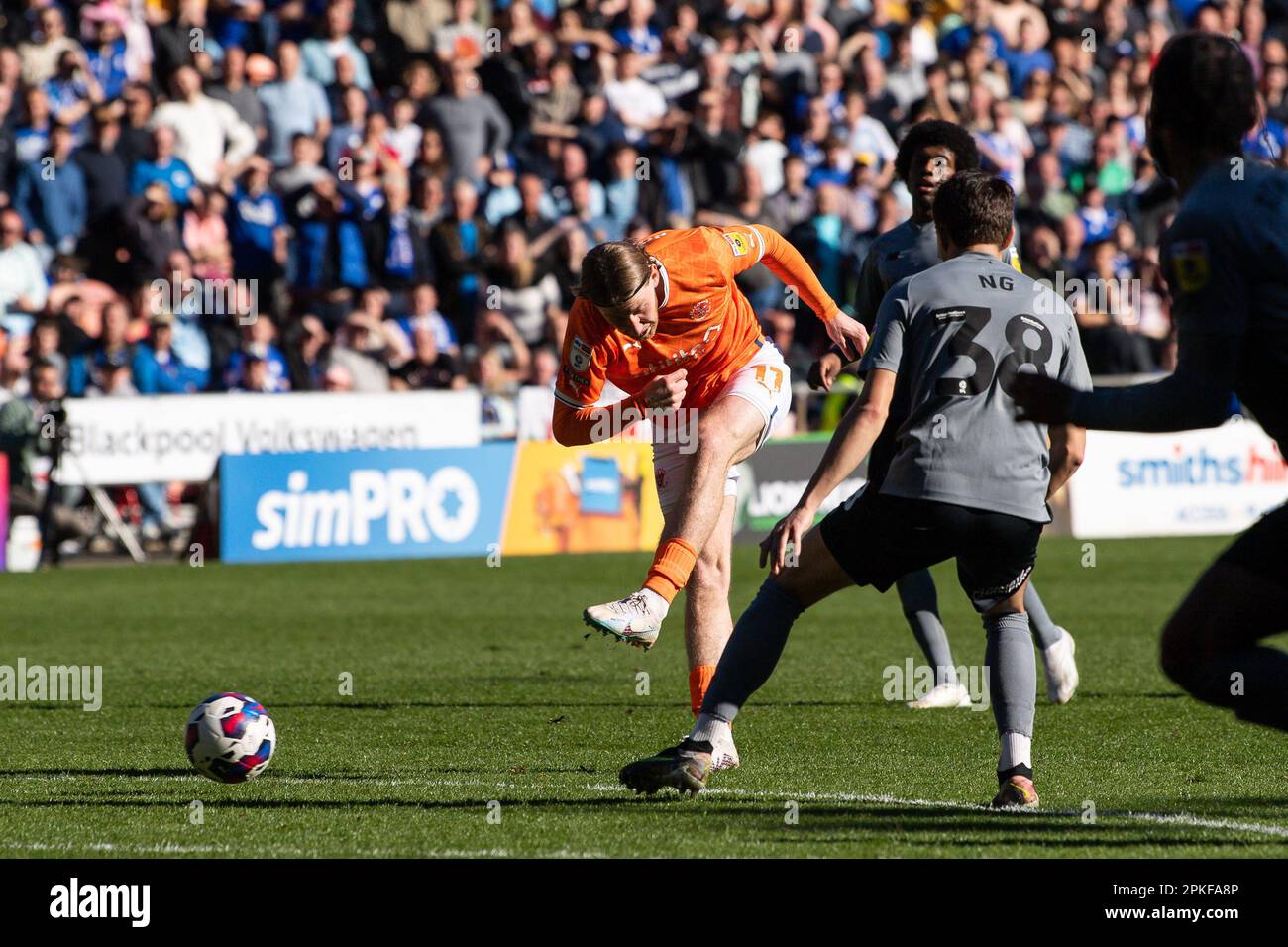 Josh Bowler #11 of Blackpool shoots on goal during the Sky Bet ...
