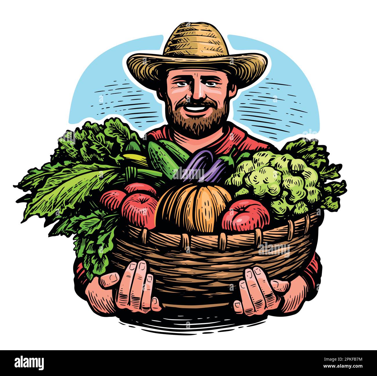 Senior farmer man holding basket with organic vegetables with garden ...