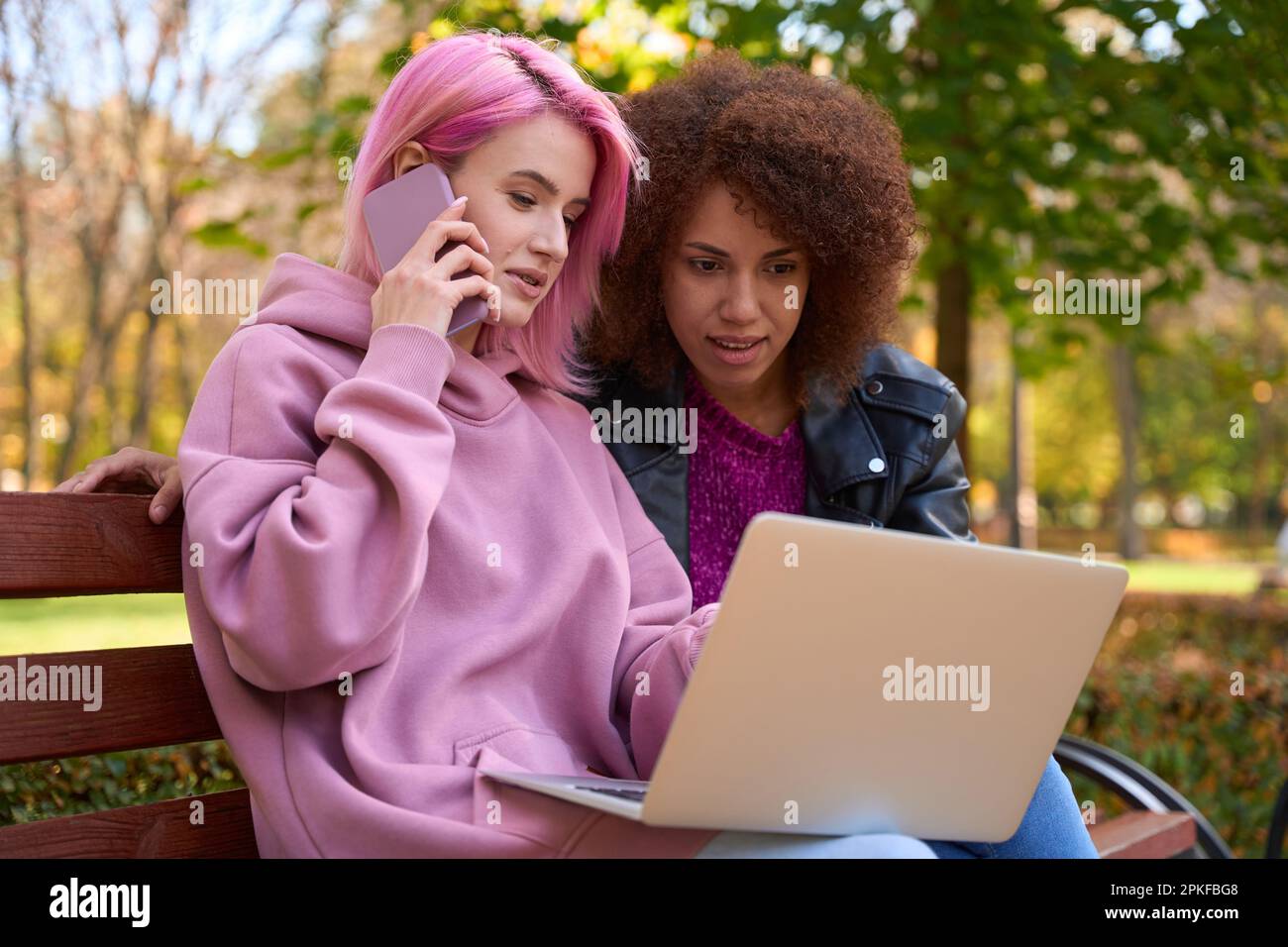 Two friends using portable computer in park Stock Photo - Alamy