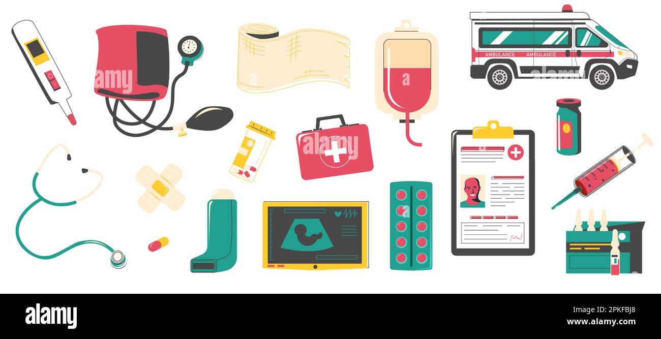 Medical tools set. Doodle drug store hospital supplies, pharmaceutical ...