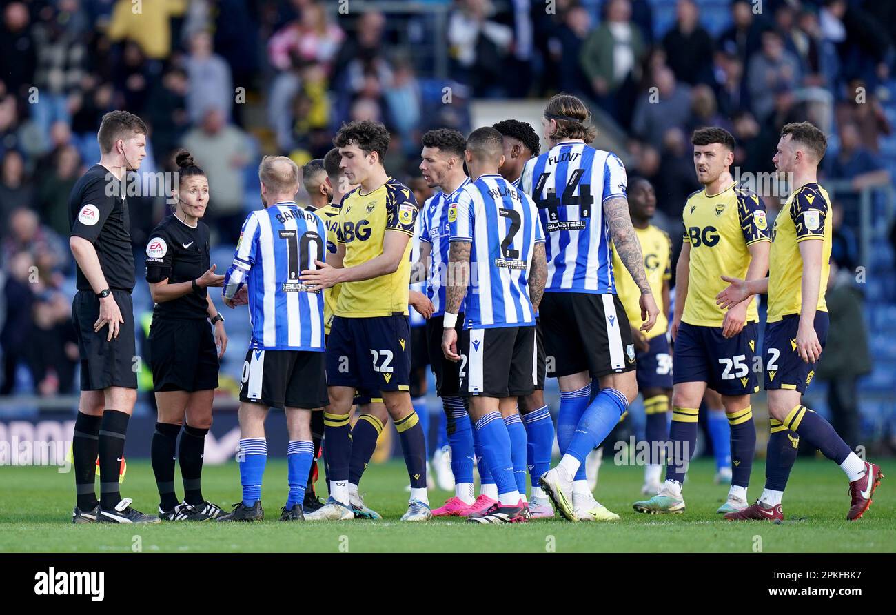 Sheffield Wednesday’s Barry Bannan speaks with referee Rebecca Welch at ...