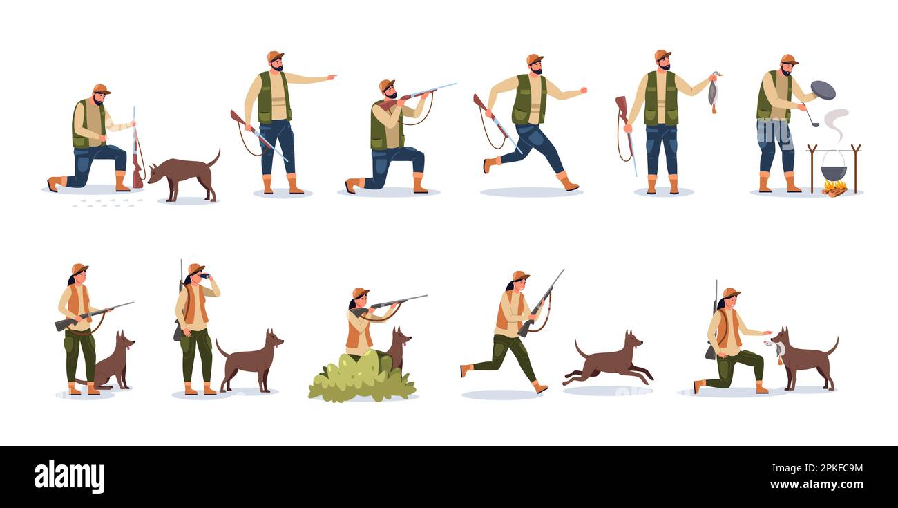 Hunter character. Cartoon person with hunting dog pointing weapon ...