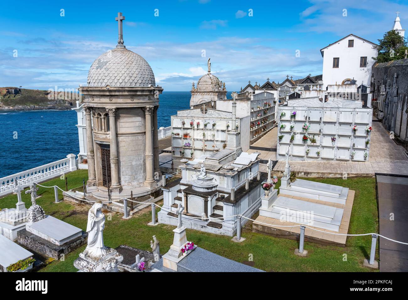 Beachfront cemetery located on a cliff in the Cantabrian Sea in Luarca ...