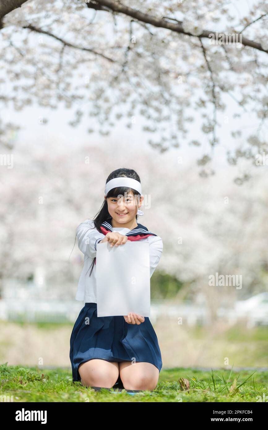 Schoolgirl doing calligraphy under the cherry blossom tree Stock Photo ...