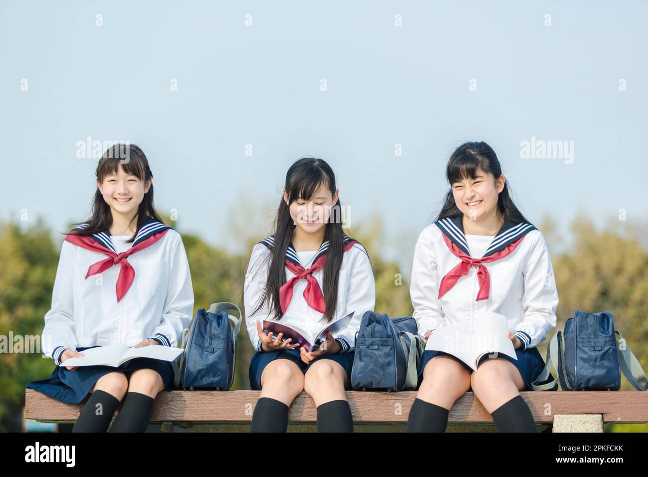 Junior high school girls studying in the park Stock Photo - Alamy