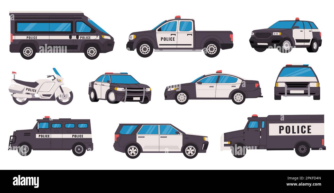 Police vehicles. Security car with siren, policeman van suv truck ...