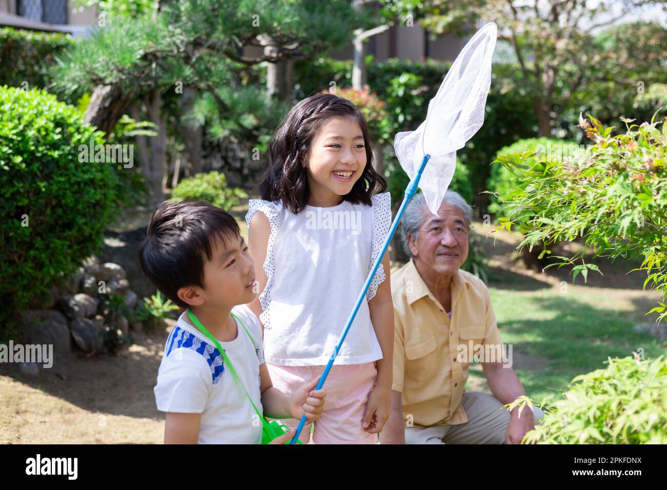 Sister, brother and grandfather catching insects Stock Photo - Alamy