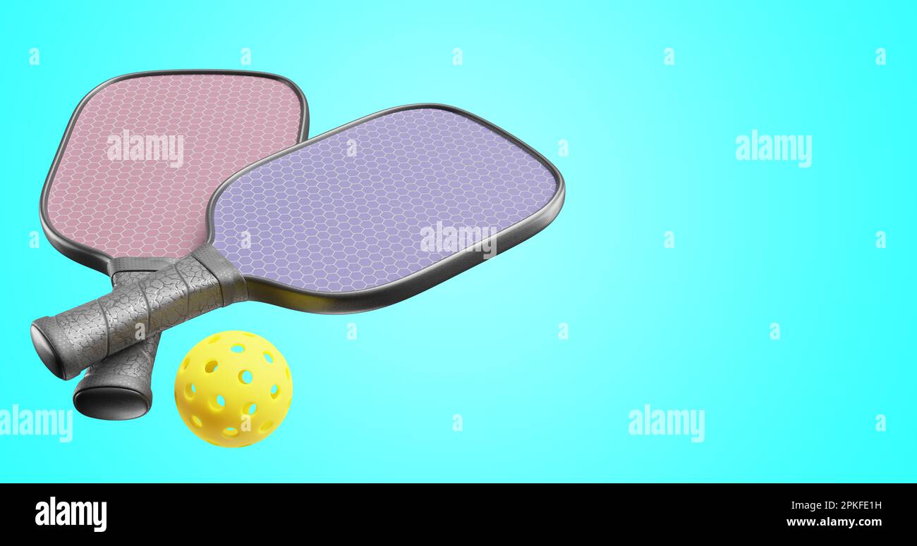 Pickleball two rackets and a sports ball on an isolated background. 3d ...