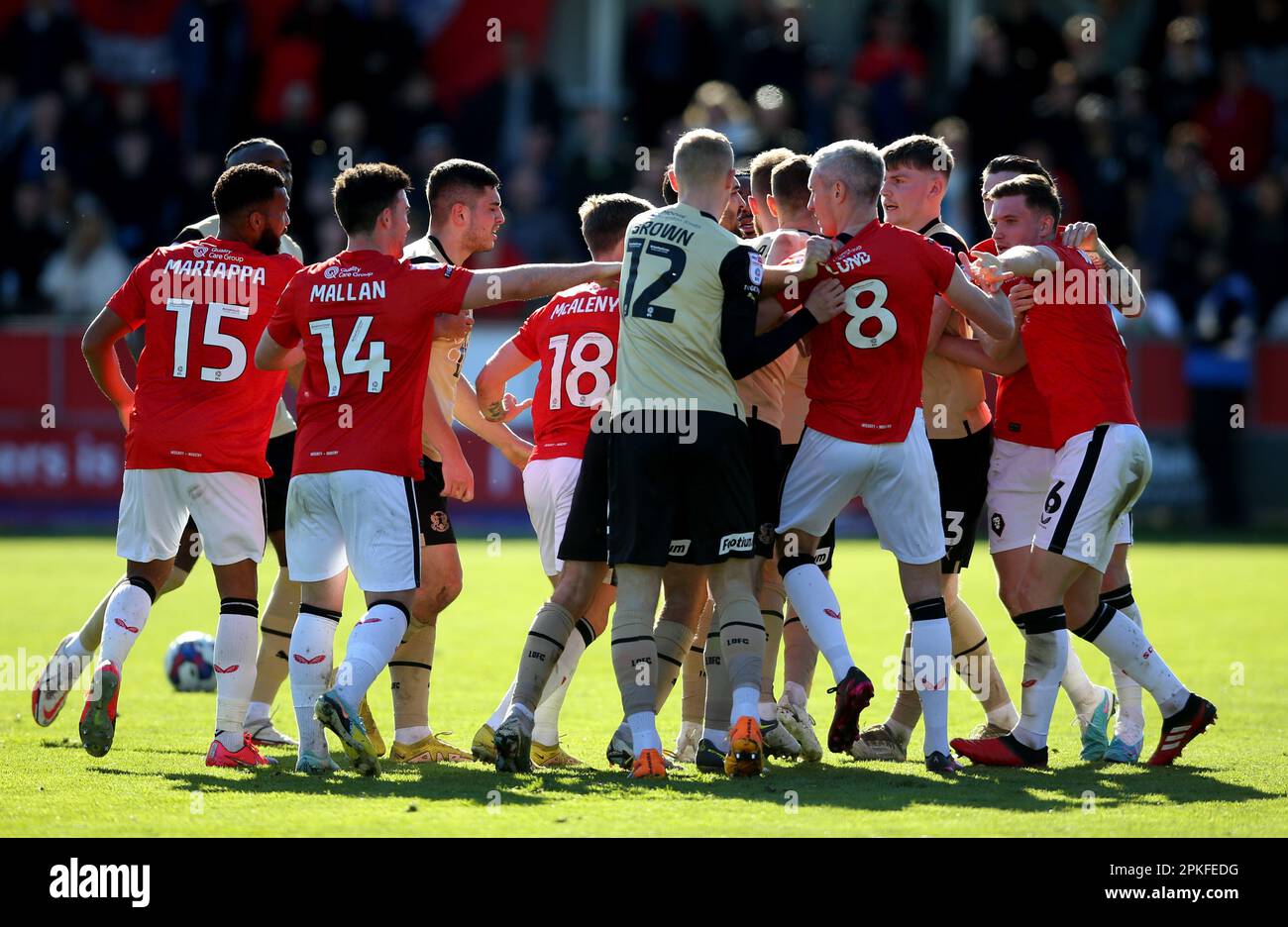 Leyton Orient’s Jayden Sweeney tussles with Salford City’s Matty Lund ...