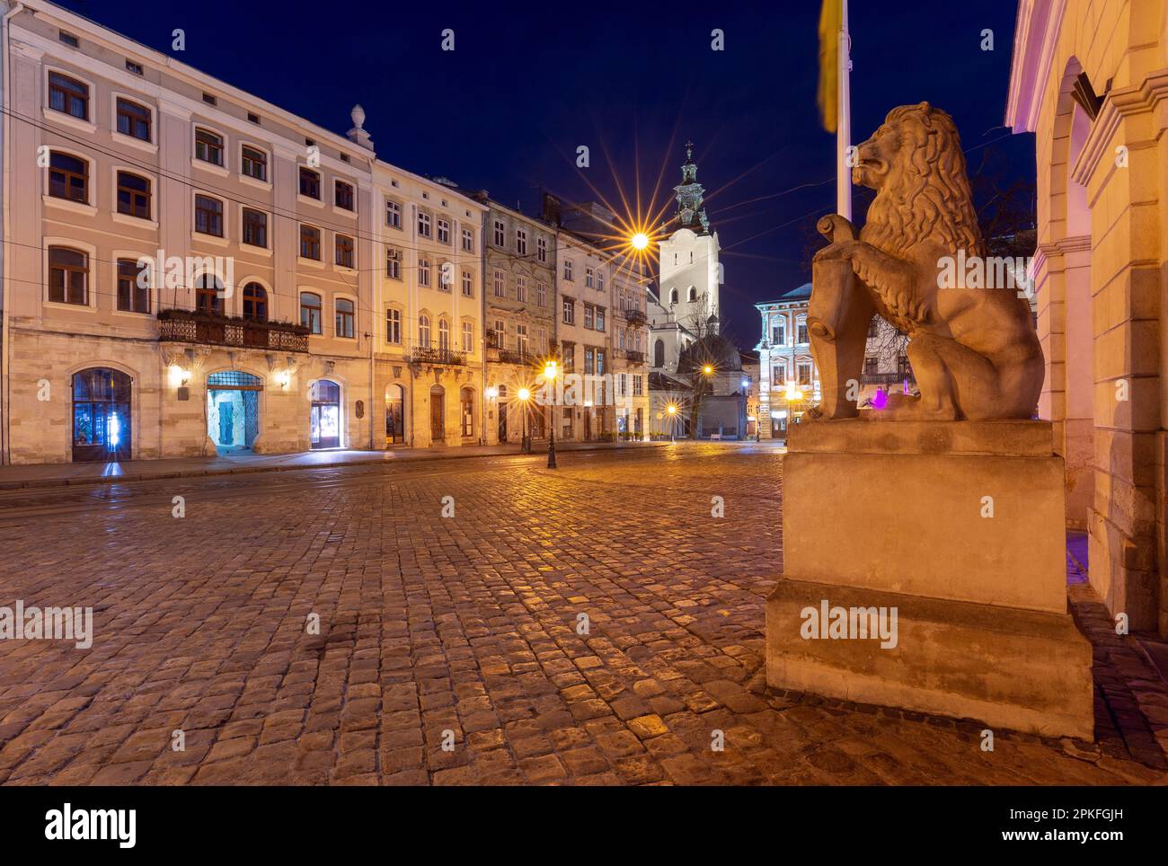 Medieval Town Hall Square in the Old Town at night. Lviv. Ukraine Stock ...