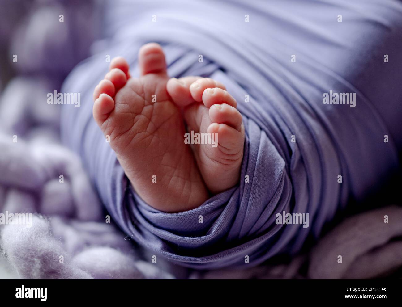 Barefoot newborn baby tiny feet closeup. Tender infant child legs under ...