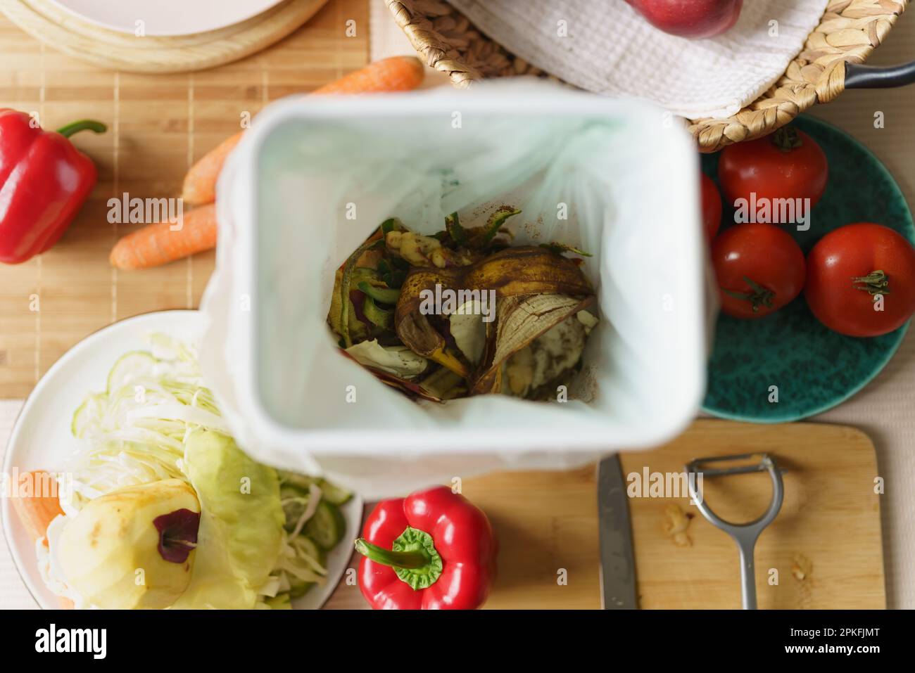 Bokashi bin with ferment and organic food waste. Biodegradable food ...