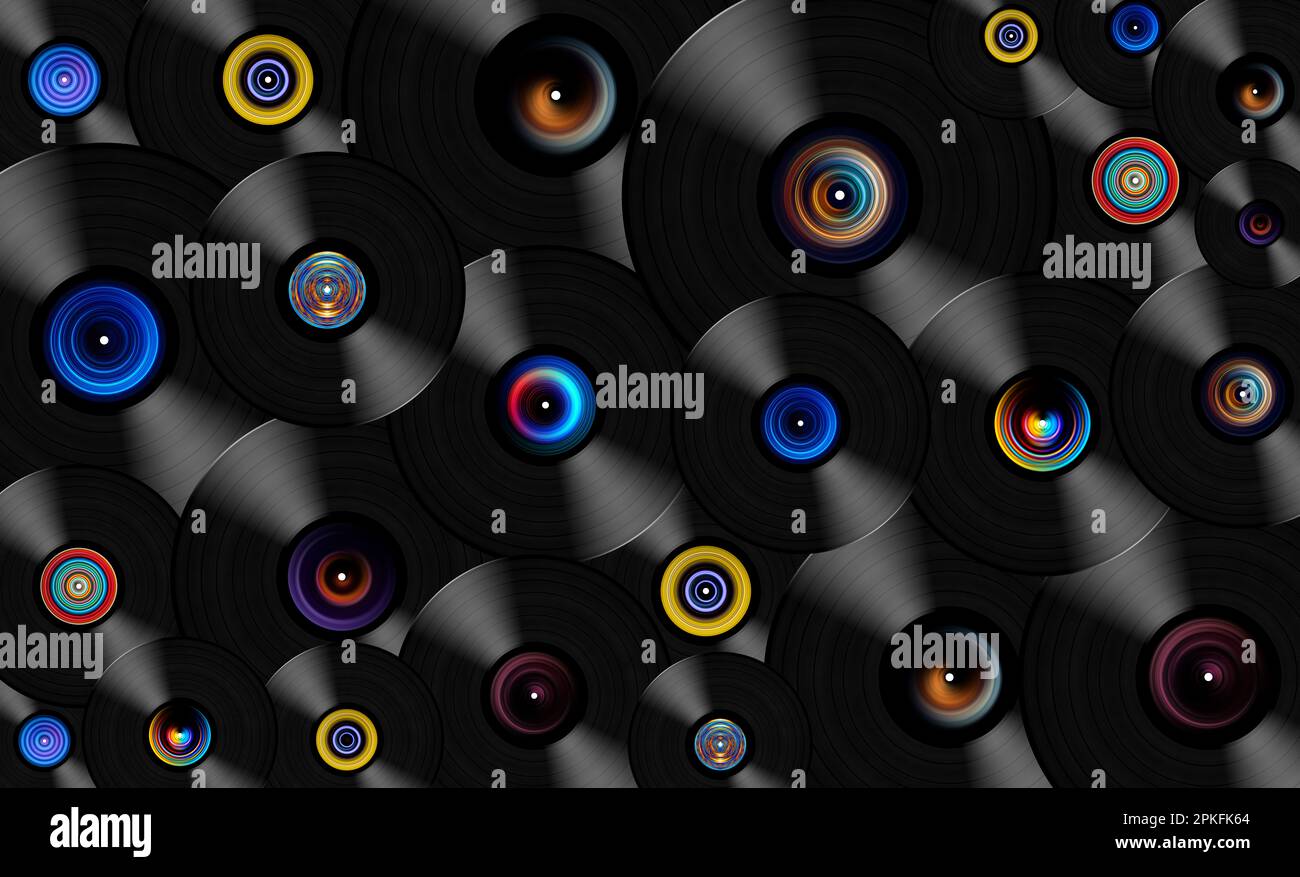 Vinyl records LP with graphics label, full background Stock Photo - Alamy