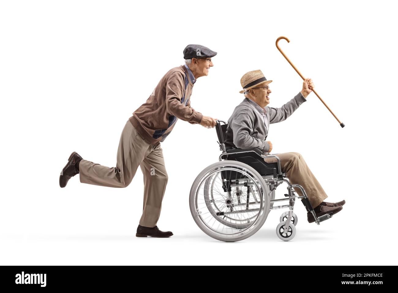 Elderly man pushing a senior in a wheelchair and holding a cane ...