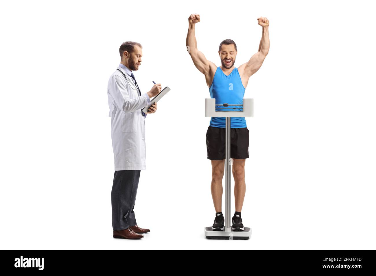Happy young man weighing on a medical scale and doctor writing a ...