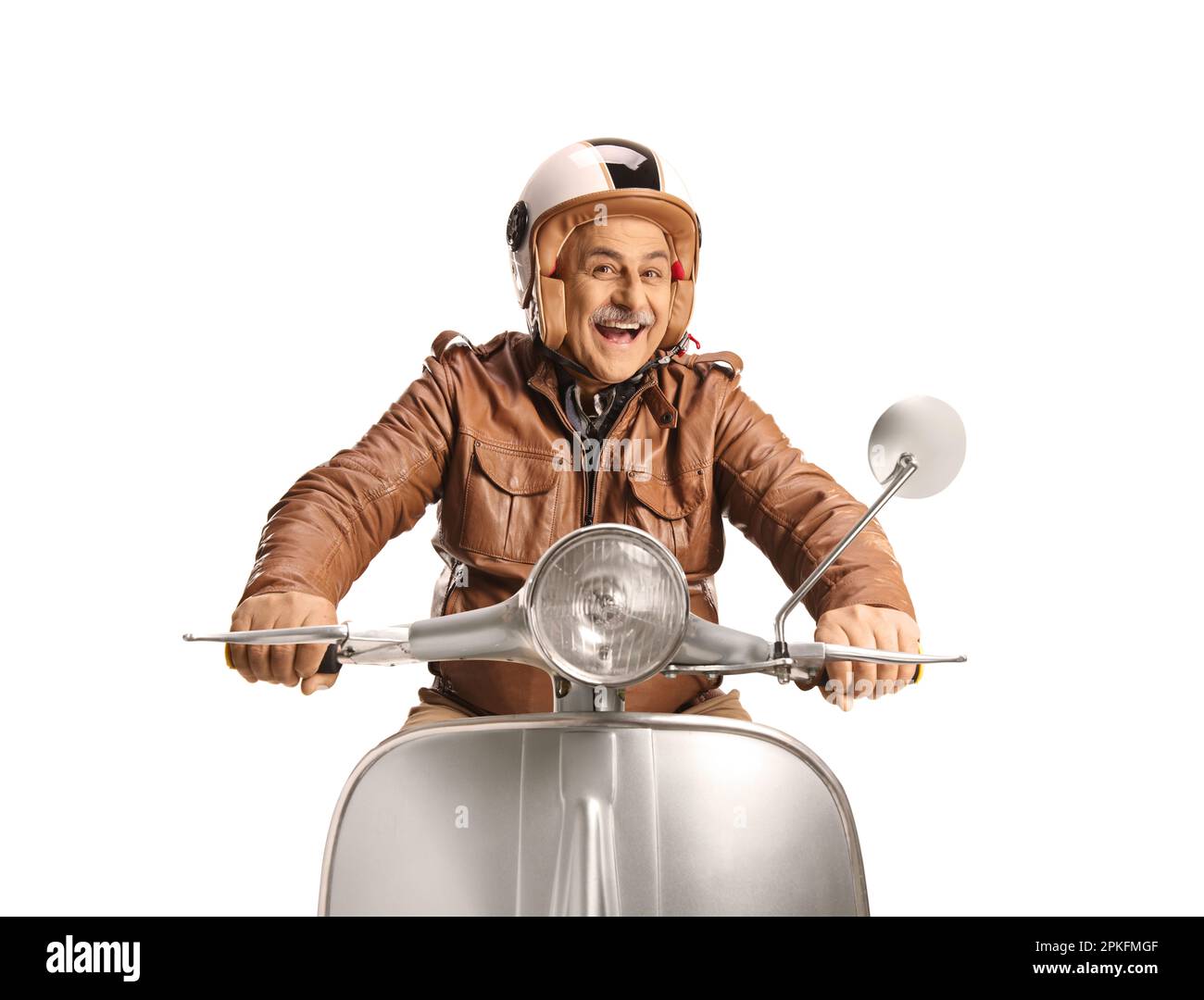 Cheerful mature man riding a silver scooter and smiling isolated on ...