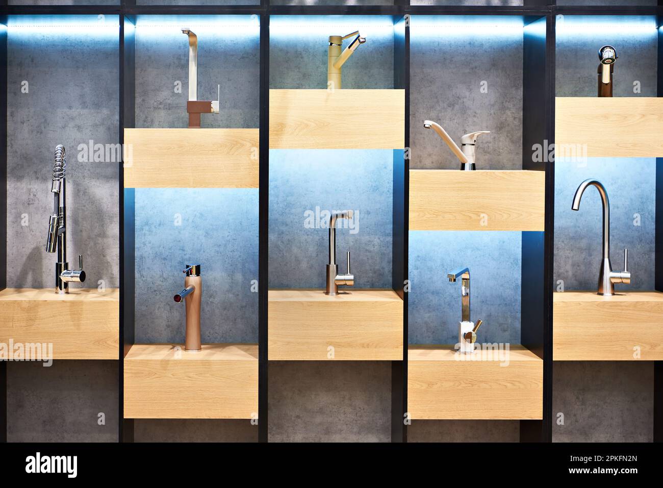 Exhibition of kitchen taps in the store Stock Photo - Alamy