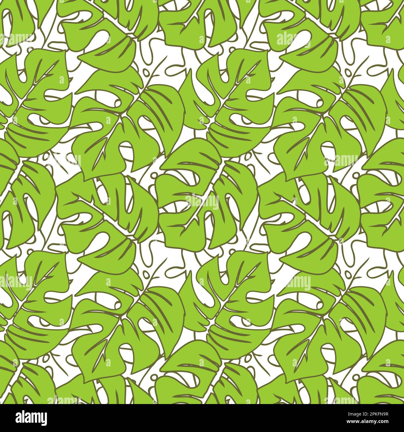 seamless asymmetric pattern of green tropical leaves on a white ...