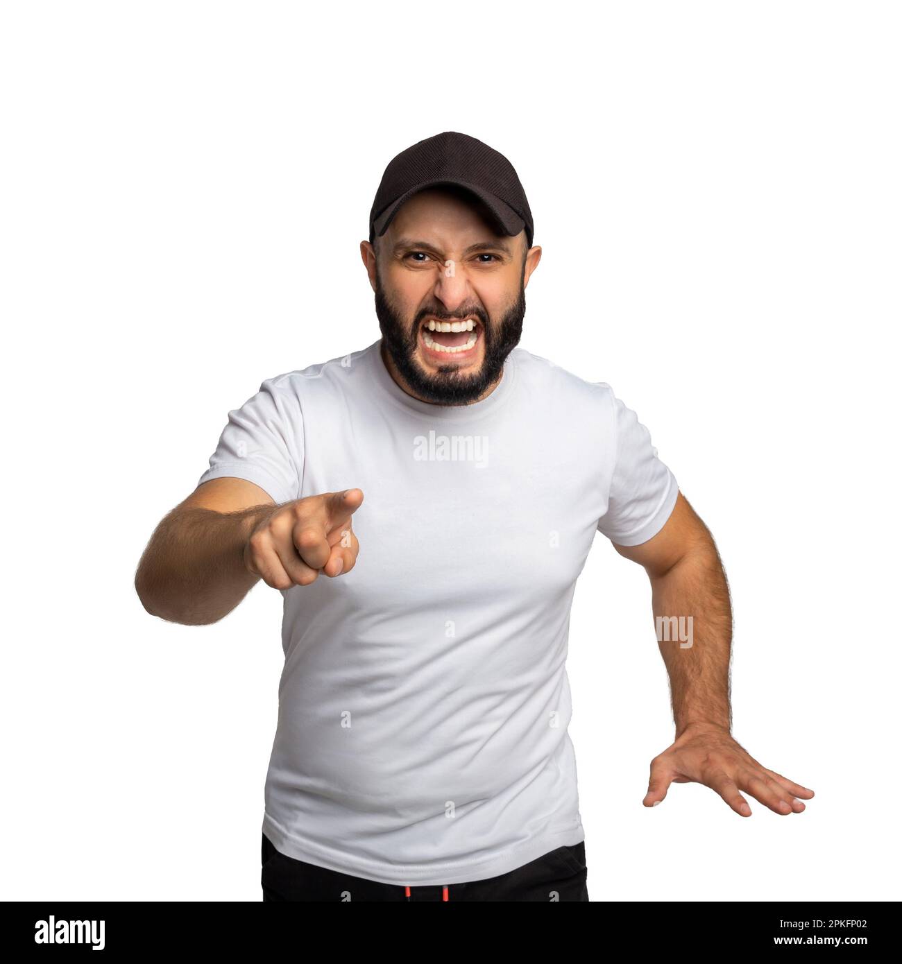 Portrait of peevish bearded guy with black hat, yells angrily at ...