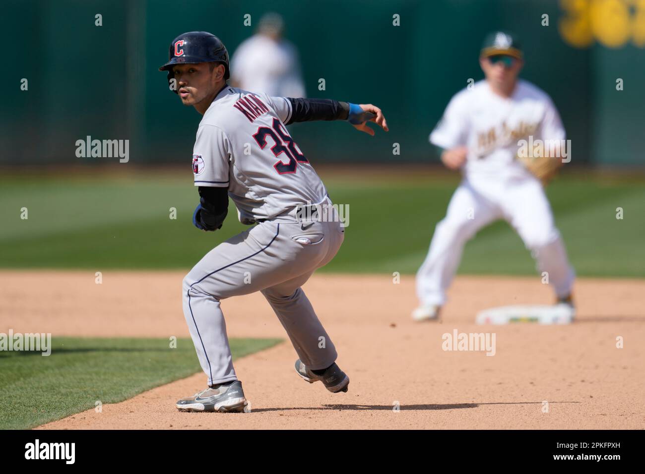 Cleveland Guardians' Steven Kwan against the Oakland Athletics during a ...