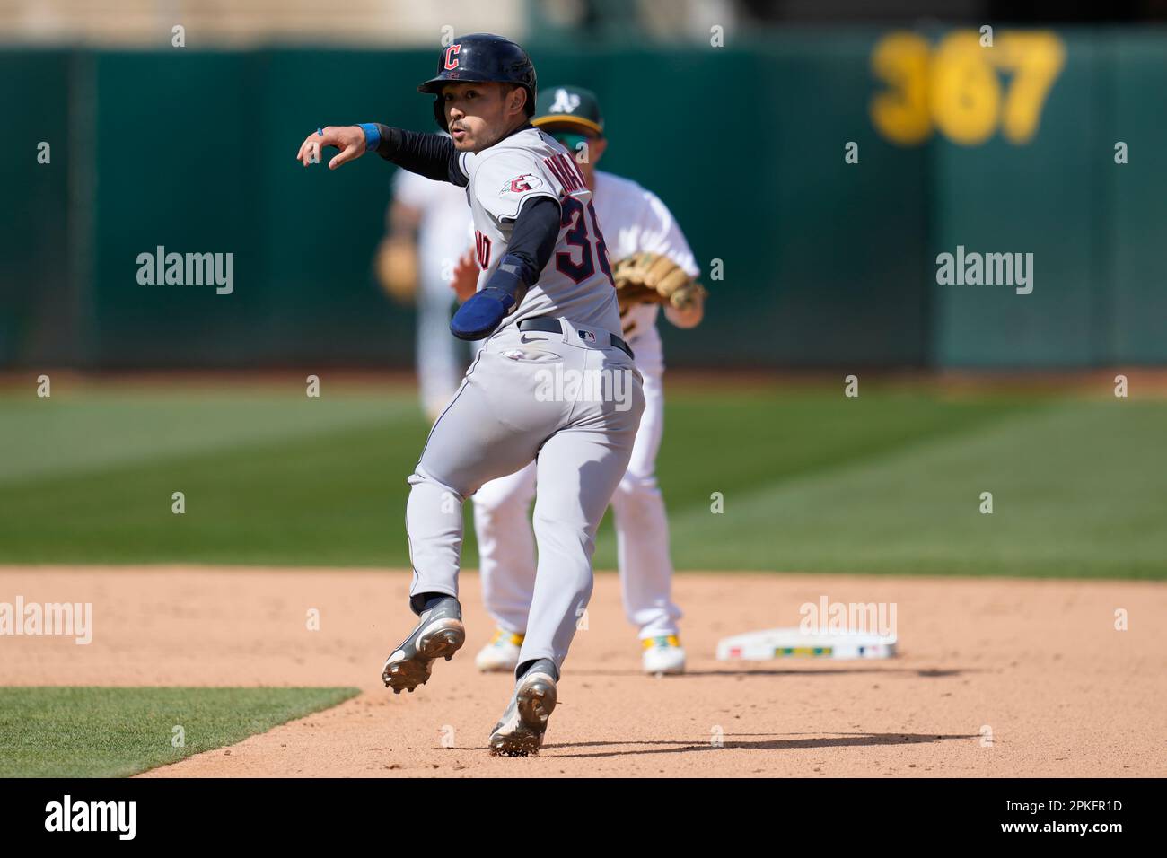 Cleveland Guardians' Steven Kwan against the Oakland Athletics during a ...