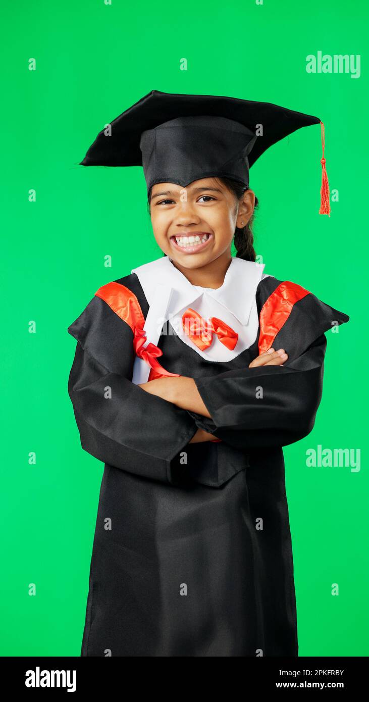Graduation, education and child smile on green screen for graduate ...
