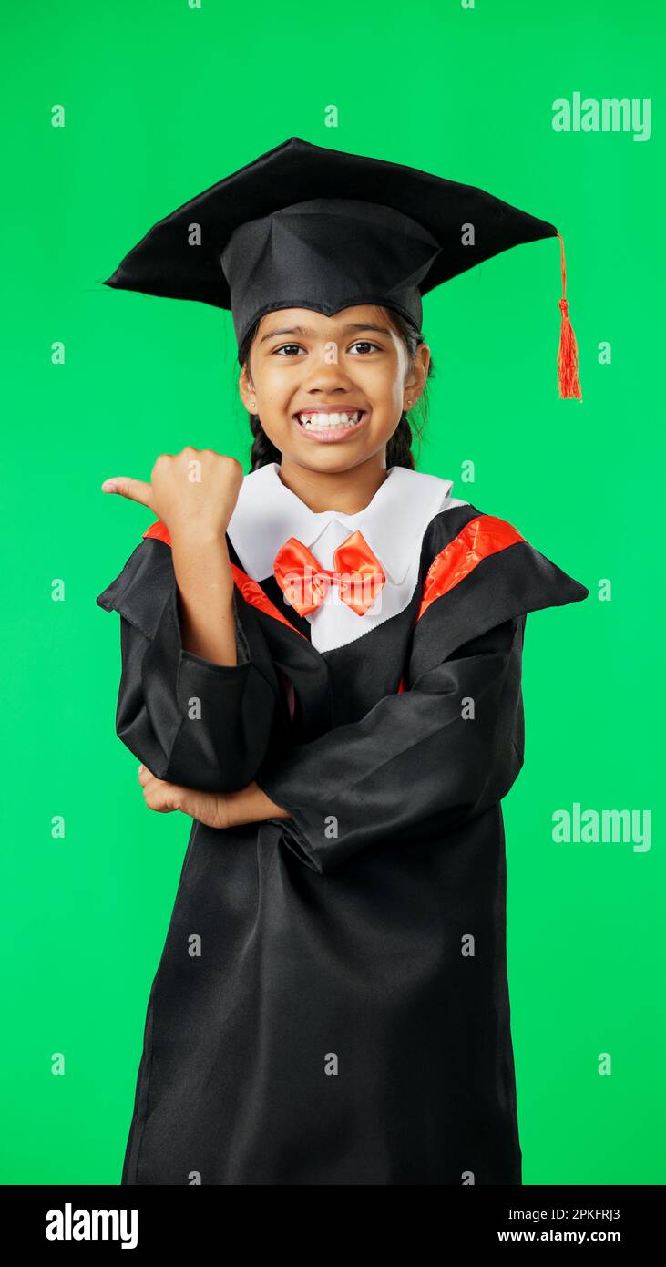 Graduation, education and child point on green screen for graduate ...