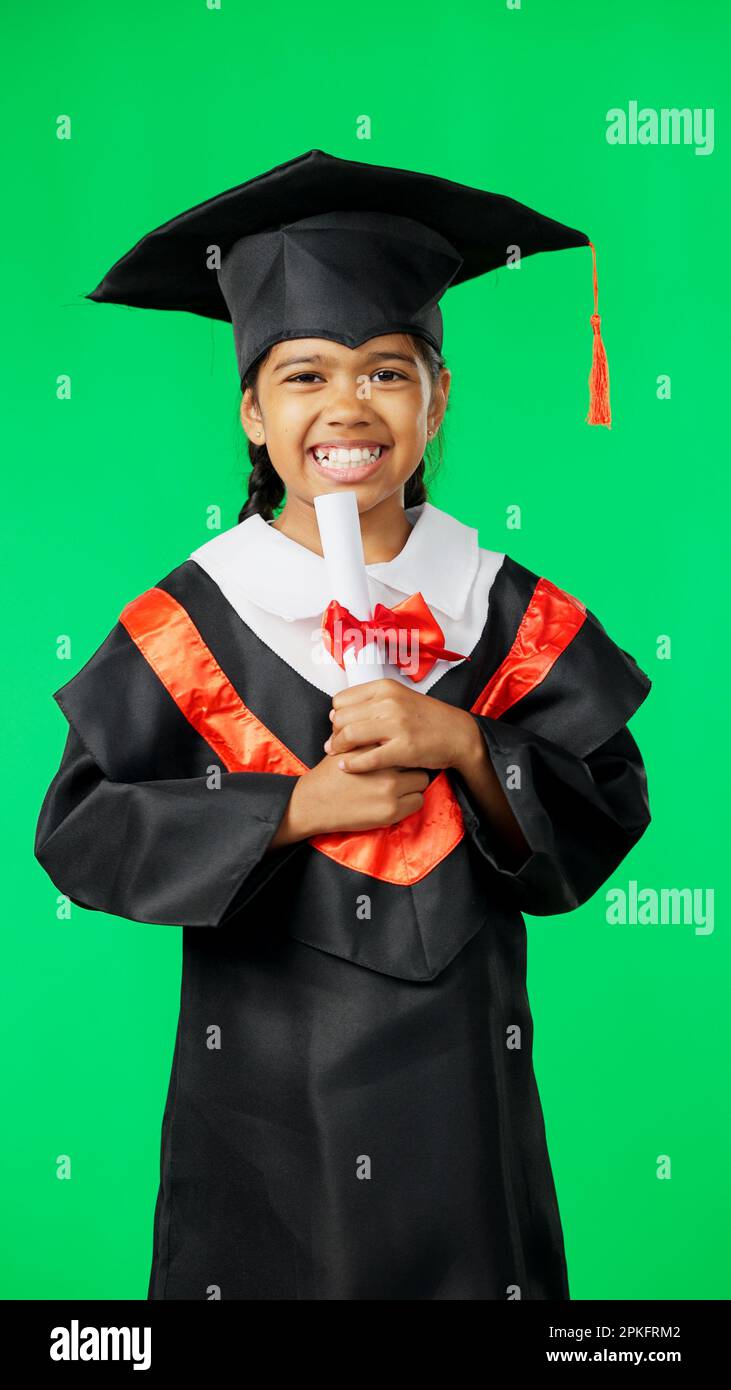 Graduation, education and excited child on green screen for graduate ...