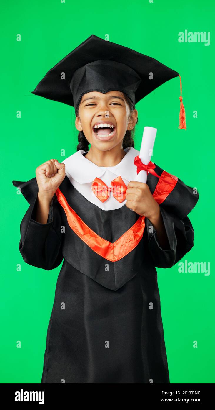 Graduation, education and excited child on green screen for graduate ...