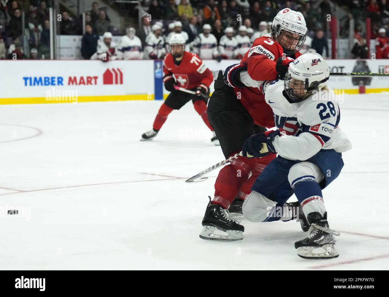 Brampton, Canada. 07th Apr, 2023. USA forward Amanda Kessel (28) gets ...