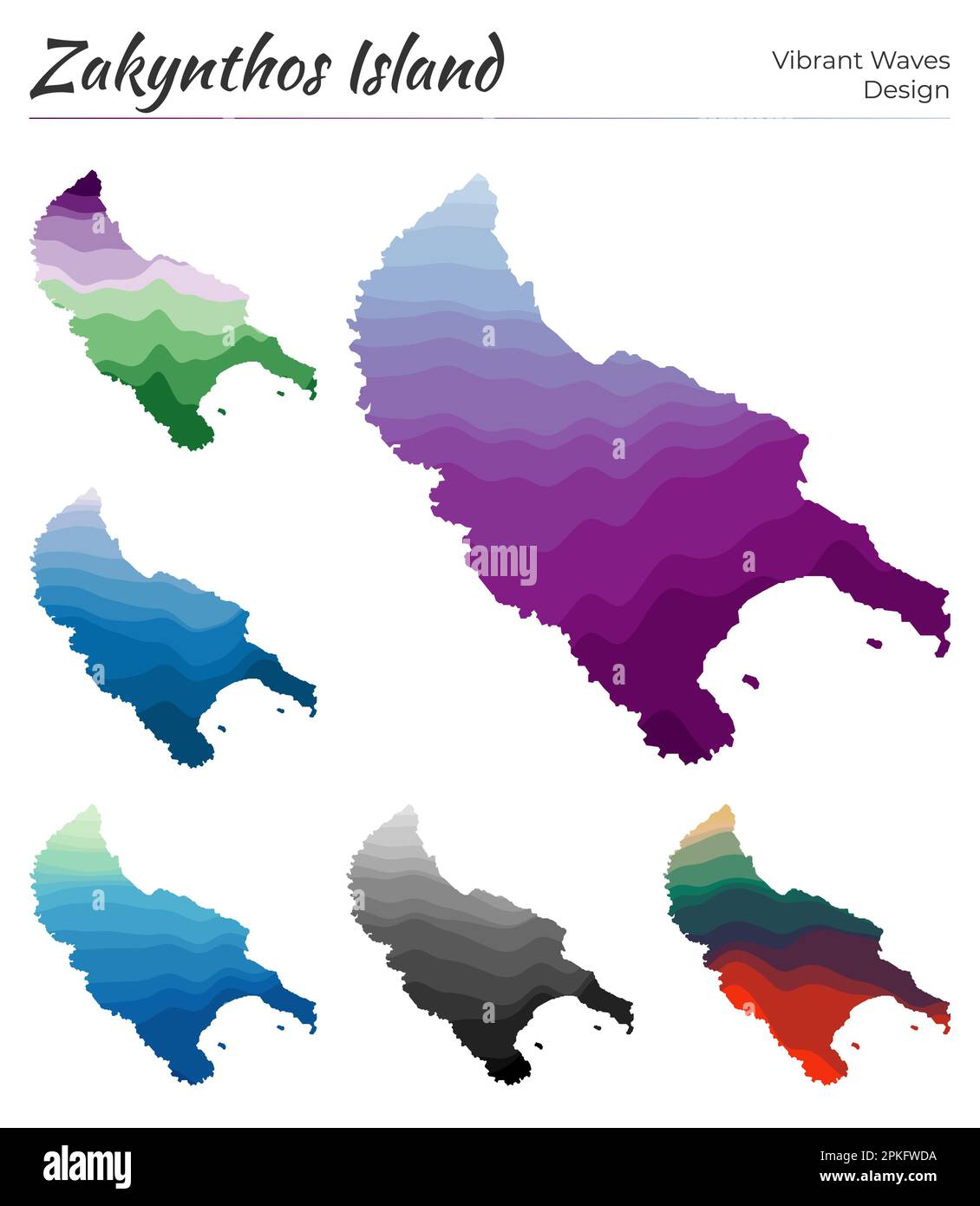 Set of vector maps of Zakynthos Island. Vibrant waves design. Bright map in geometric smooth ...