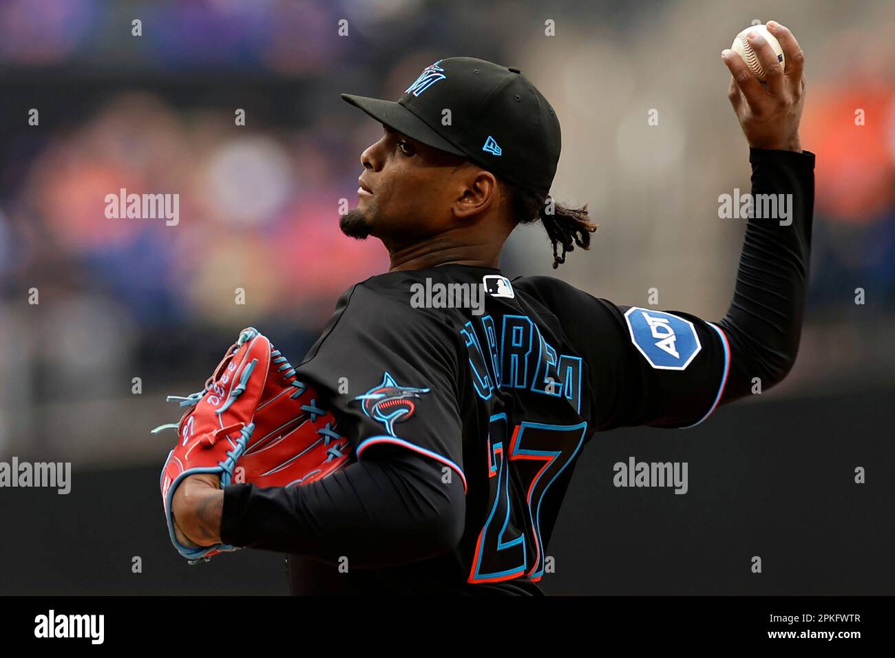 Miami Marlins pitcher Edward Cabrera (27) throws during the first ...