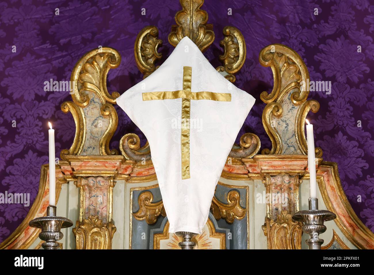Lent and Holy Week - sacred image covered with white fabric and symbol ...