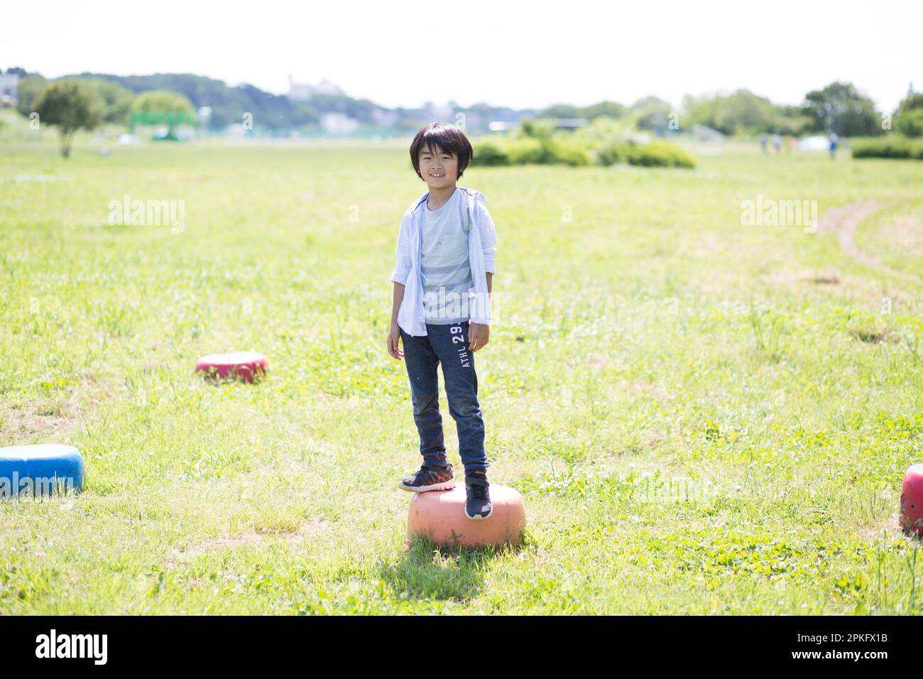 Elementary school boy standing on the playground equipment Stock Photo ...