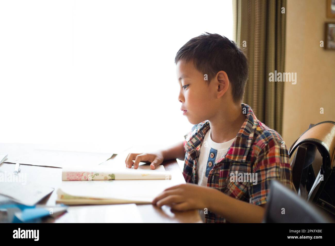 Elementary school boy doing homework in living room Stock Photo - Alamy