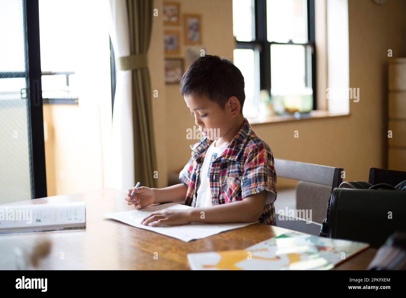 An elementary school boy doing his homework in the living room Stock ...