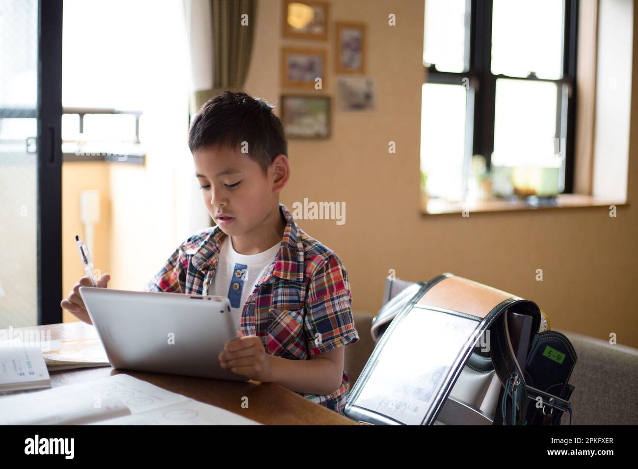 An elementary school boy studying with a tablet Stock Photo - Alamy