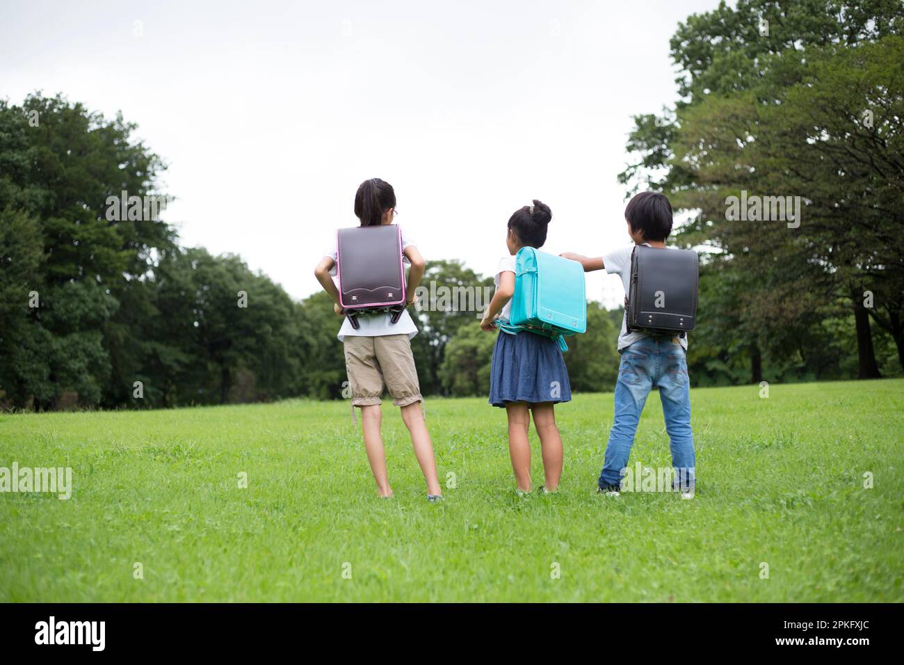 Elementary school children standing in a meadow with their school bags ...