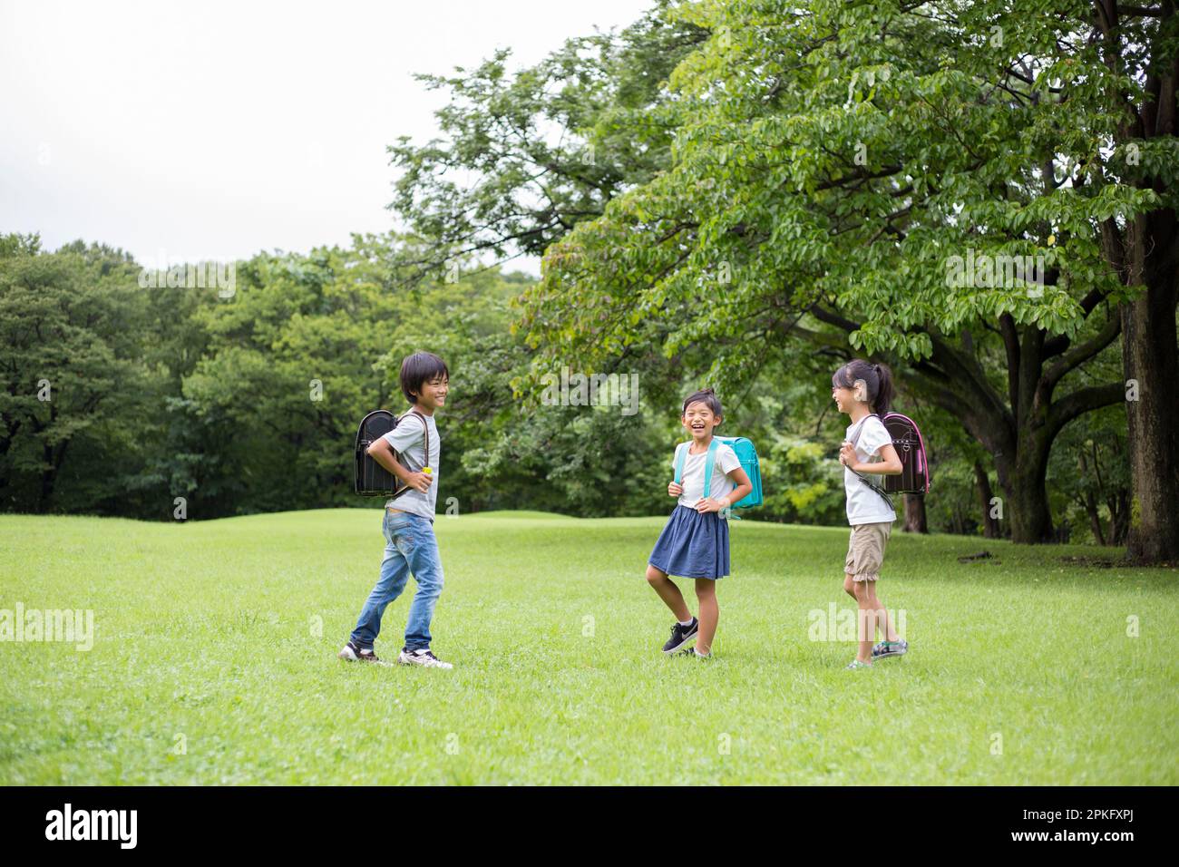 Elementary school students with school backpacks playing in a meadow ...
