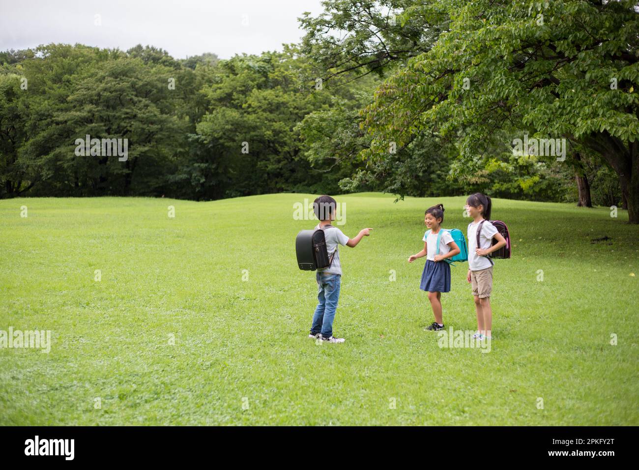 Elementary school students with school backpacks playing in a meadow ...